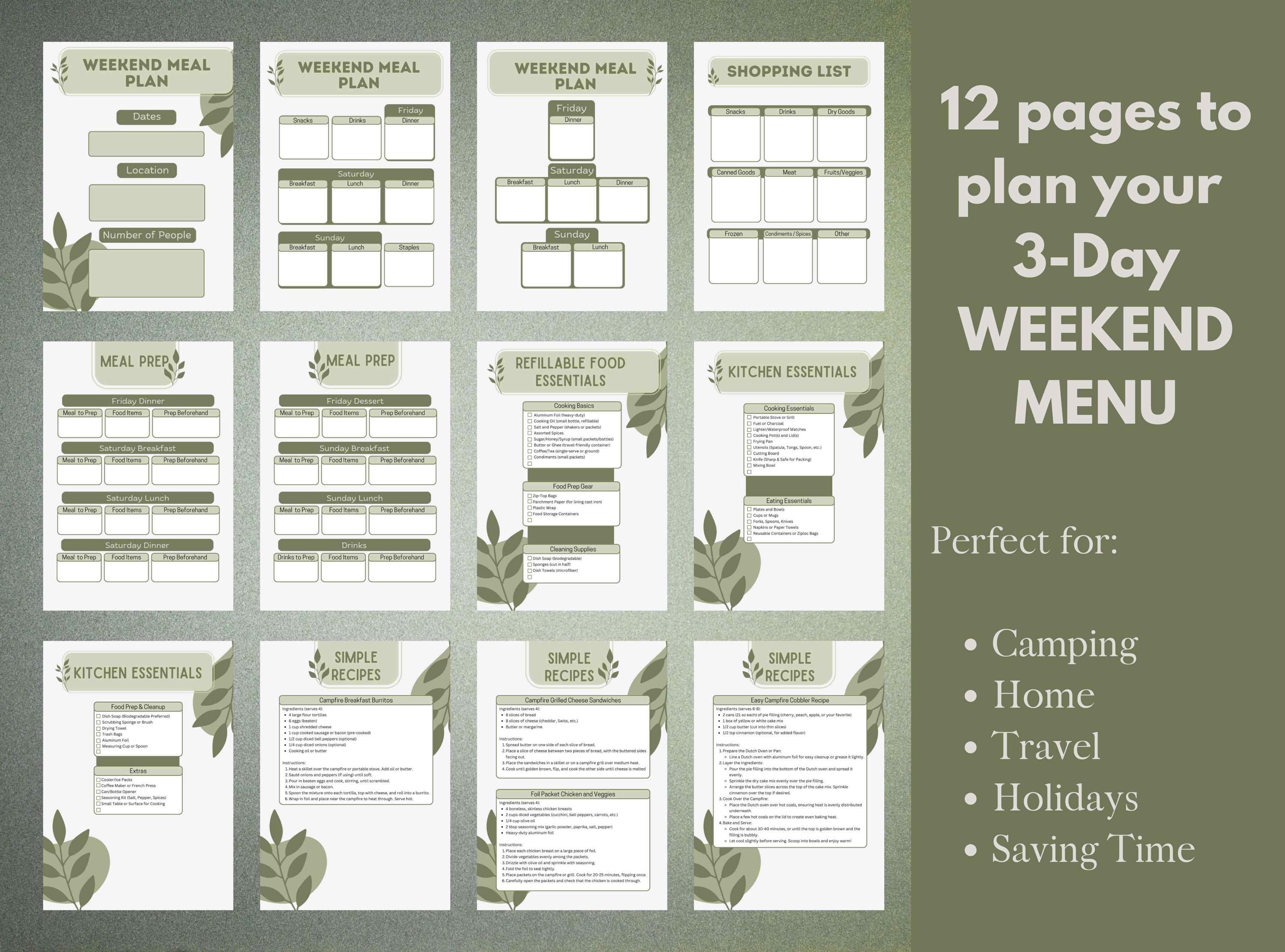 Printable Weekend Meal Plan Ahead Organize Grocery List Meal Prep ...