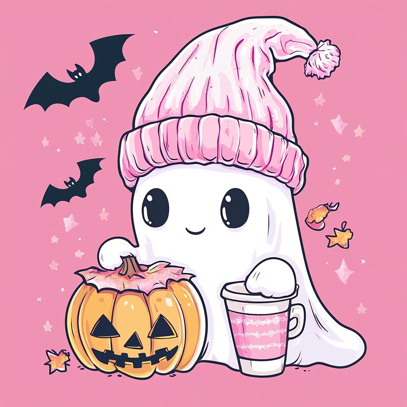 Cute Halloween Ghost Clipart | Pink Knitted Hat & Pumpkin | High ...