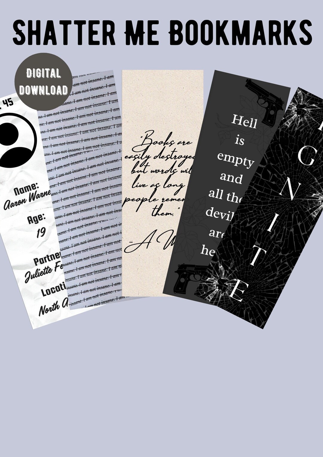 Shatter Me Inspired Bookmarks Digital Download, Unique Bookmarks, Book ...