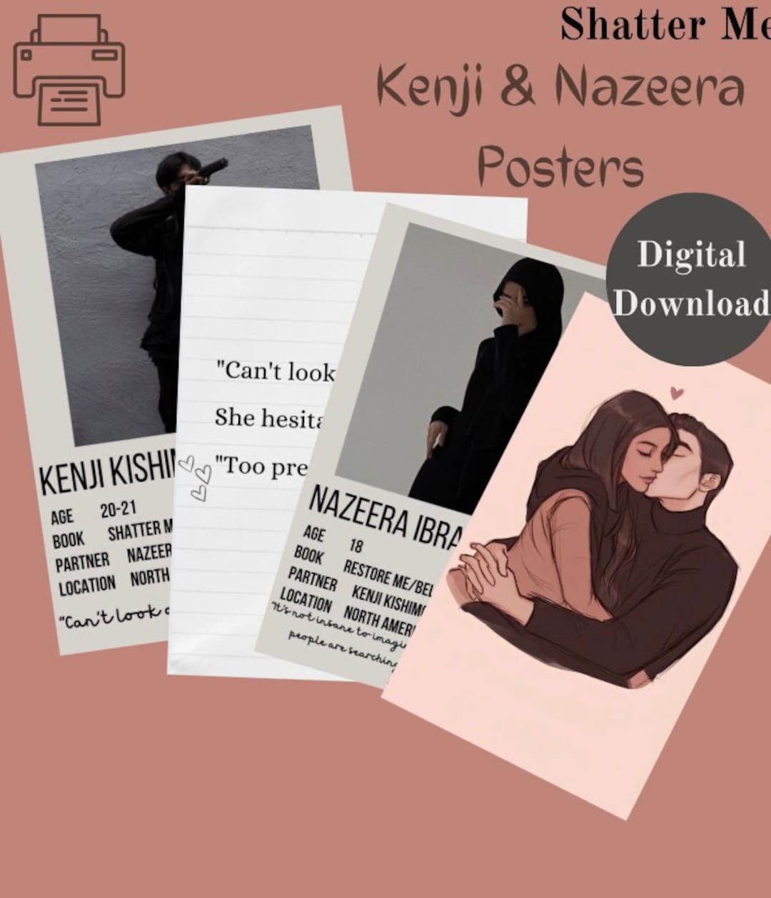 Shatter Me Kenji and Nazeera Posters, Set of 4, Instant Download ...
