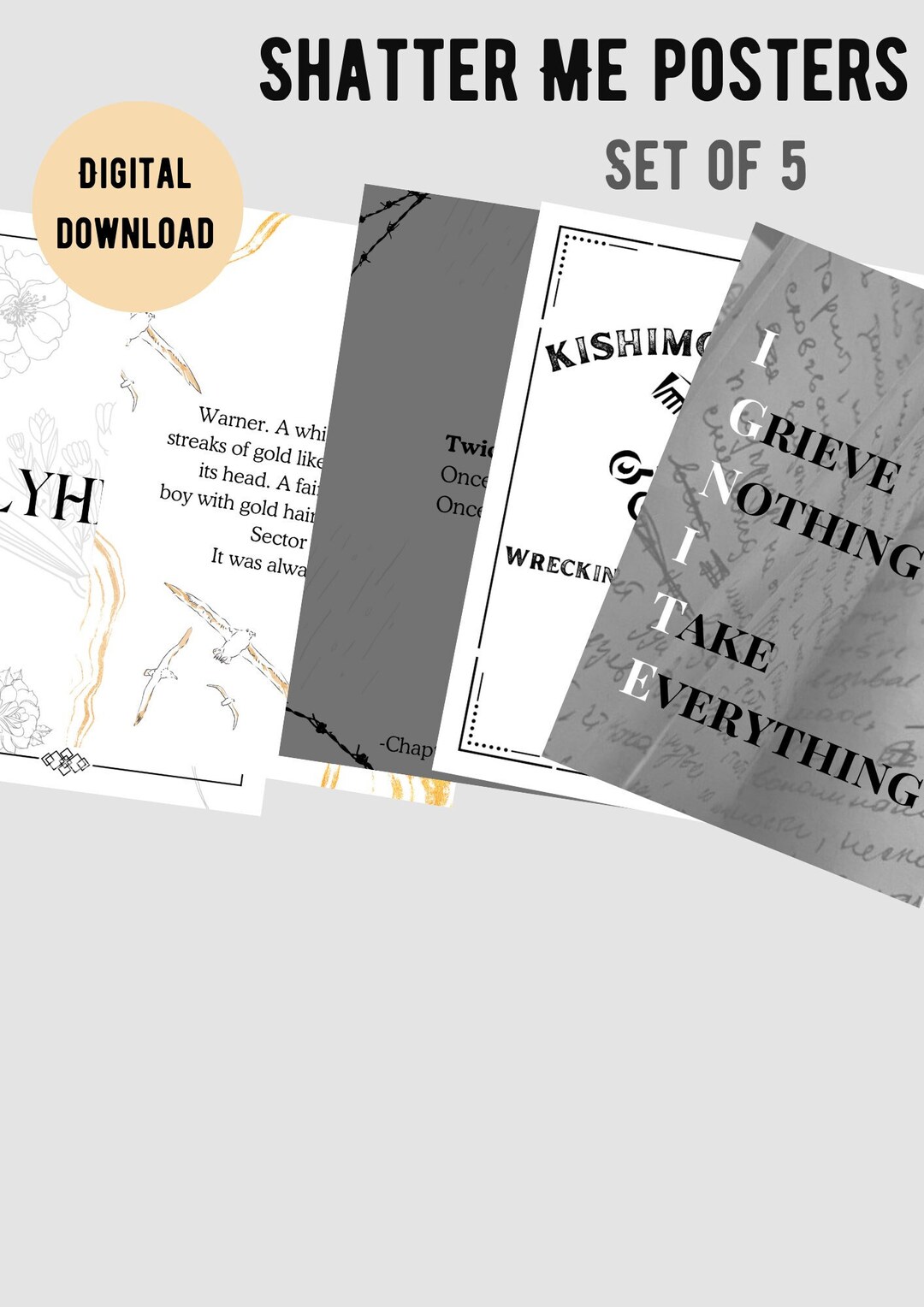 Shatter Me Posters Set of 5, Digital Printable Art, Book Inspired Wall ...