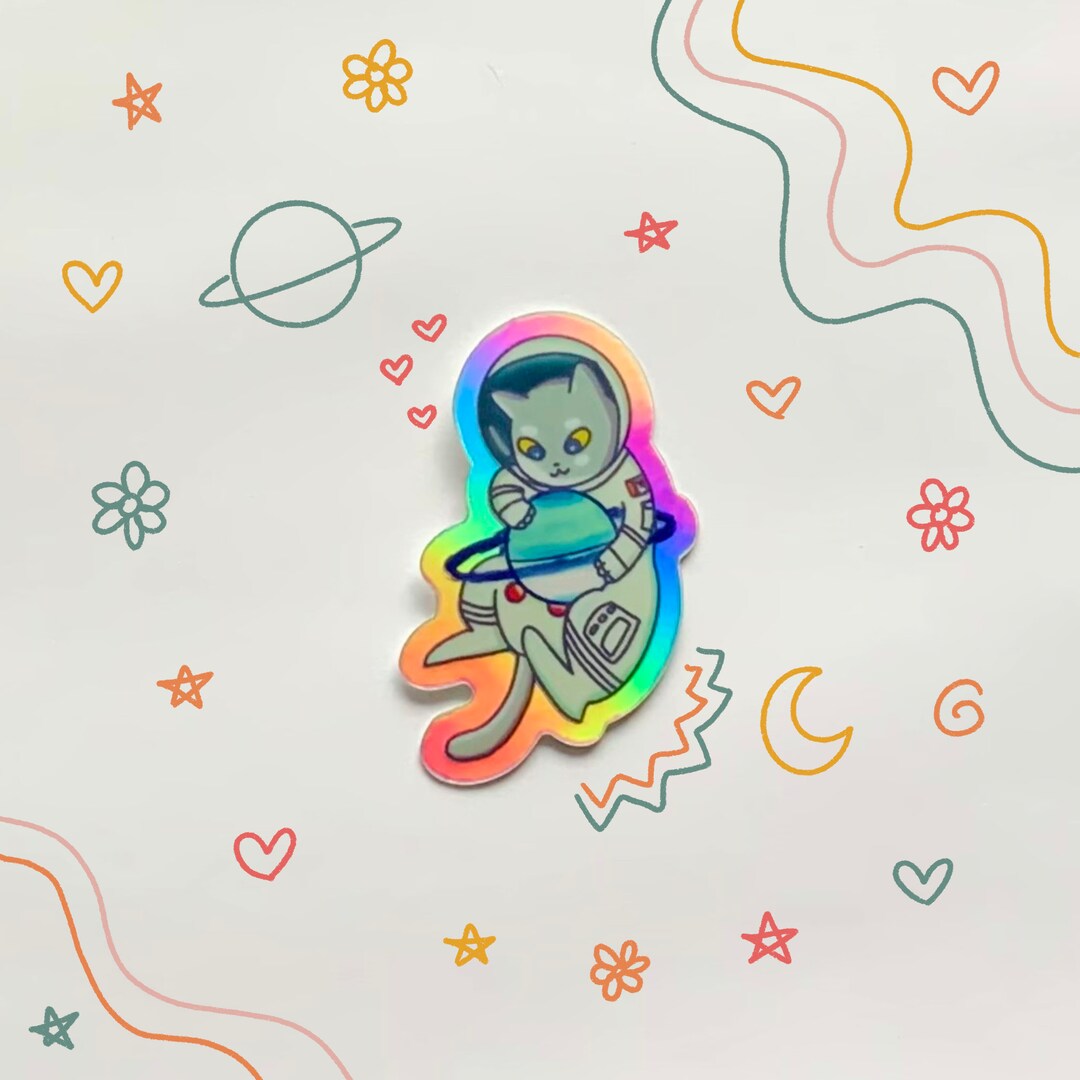 Saturn Cat Sticker Holographic Die Cut Sticker Planner Water Bottle ...