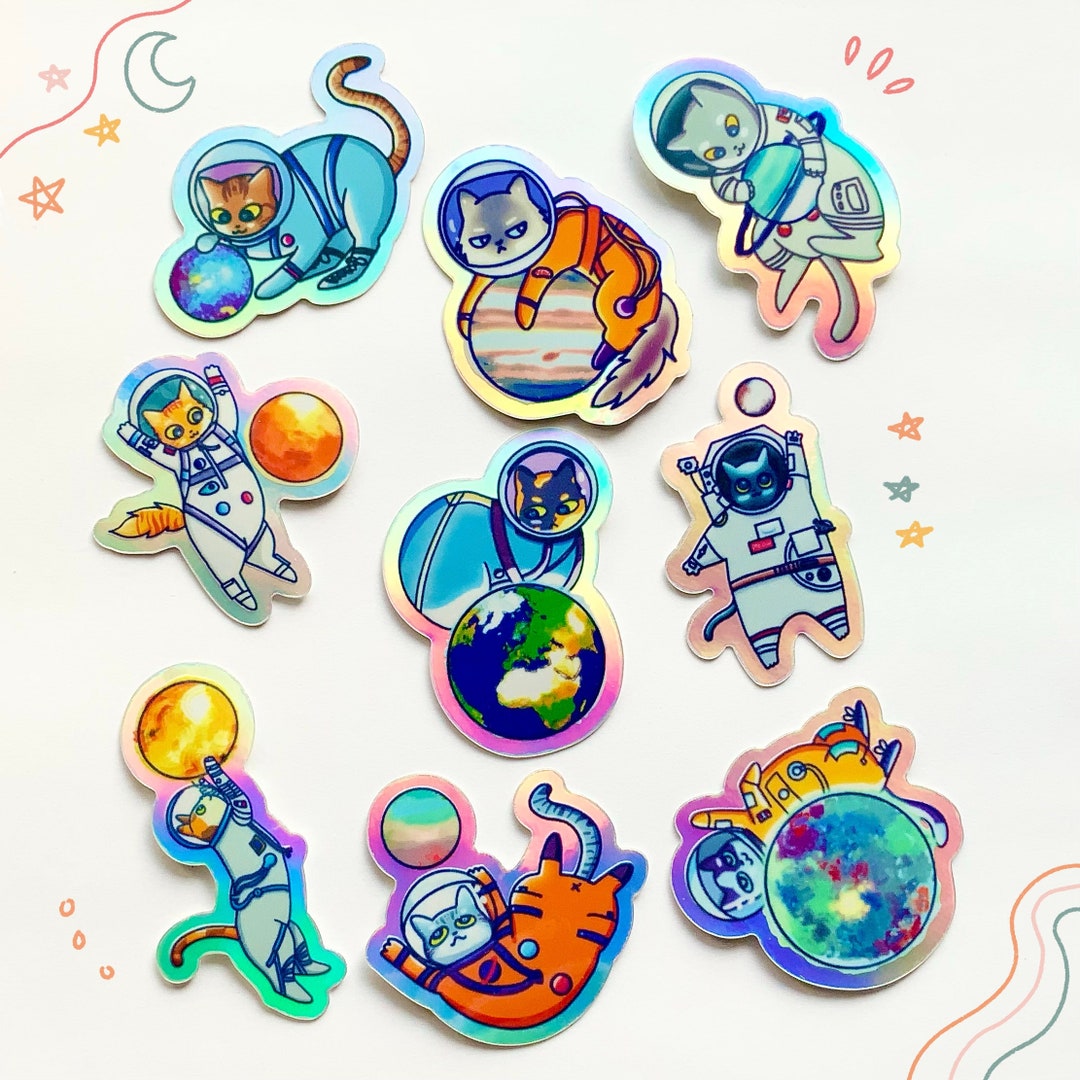 Space Cat Sticker Pack 9 Stickers Holographic Die Cut Cat Sticker ...