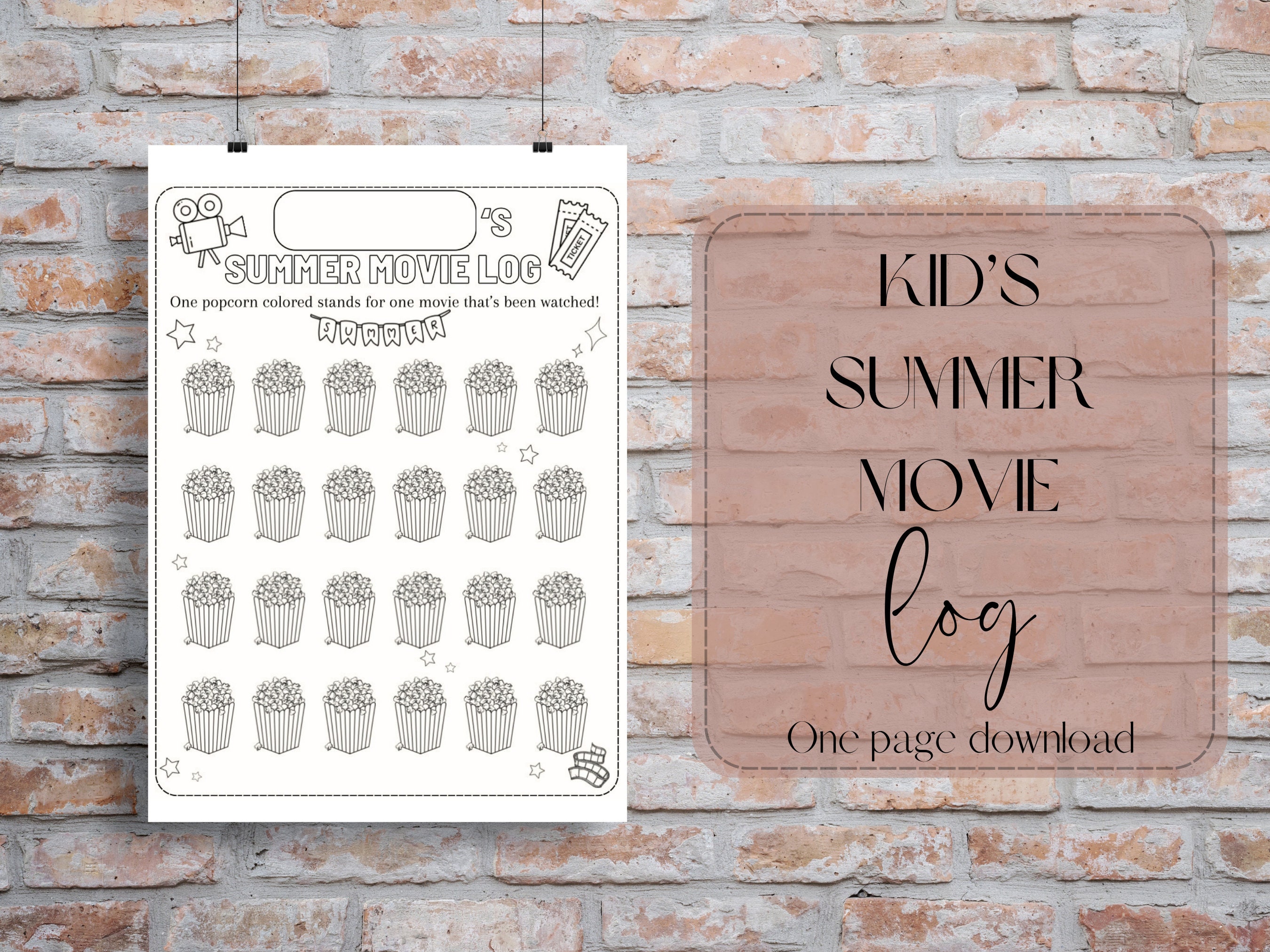 Kid's Printable Summer Movie Log, Movie Tracker, Movie Log for Kids ...