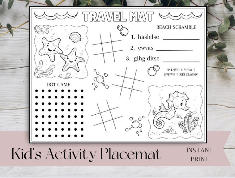 Kids Printable Beach Placemat, Printable Restaurant Games for Kids ...