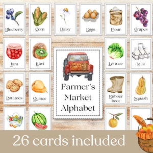 Farmer's Market Themed Flashcards, Watercolor Alphabet Cards, ABC ...