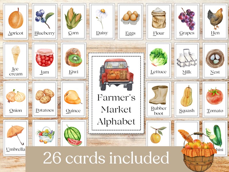 Farmer's Market Themed Flashcards, Watercolor Alphabet Cards, ABC ...