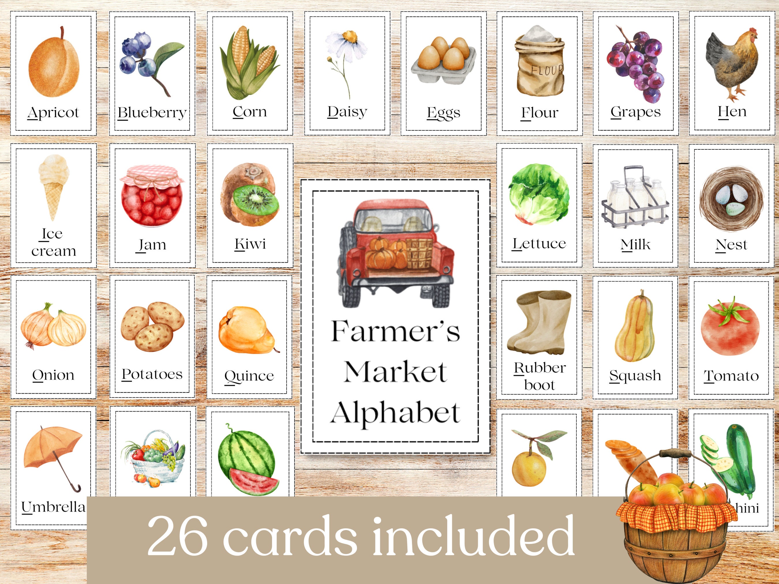 Farmer's Market Themed Flashcards, Watercolor Alphabet Cards, ABC ...