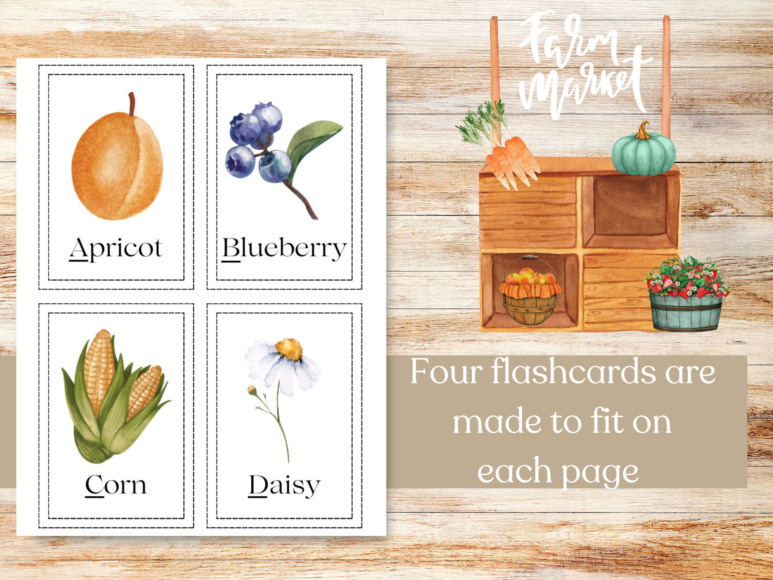 Farmer's Market Themed Flashcards, Watercolor Alphabet Cards, ABC ...