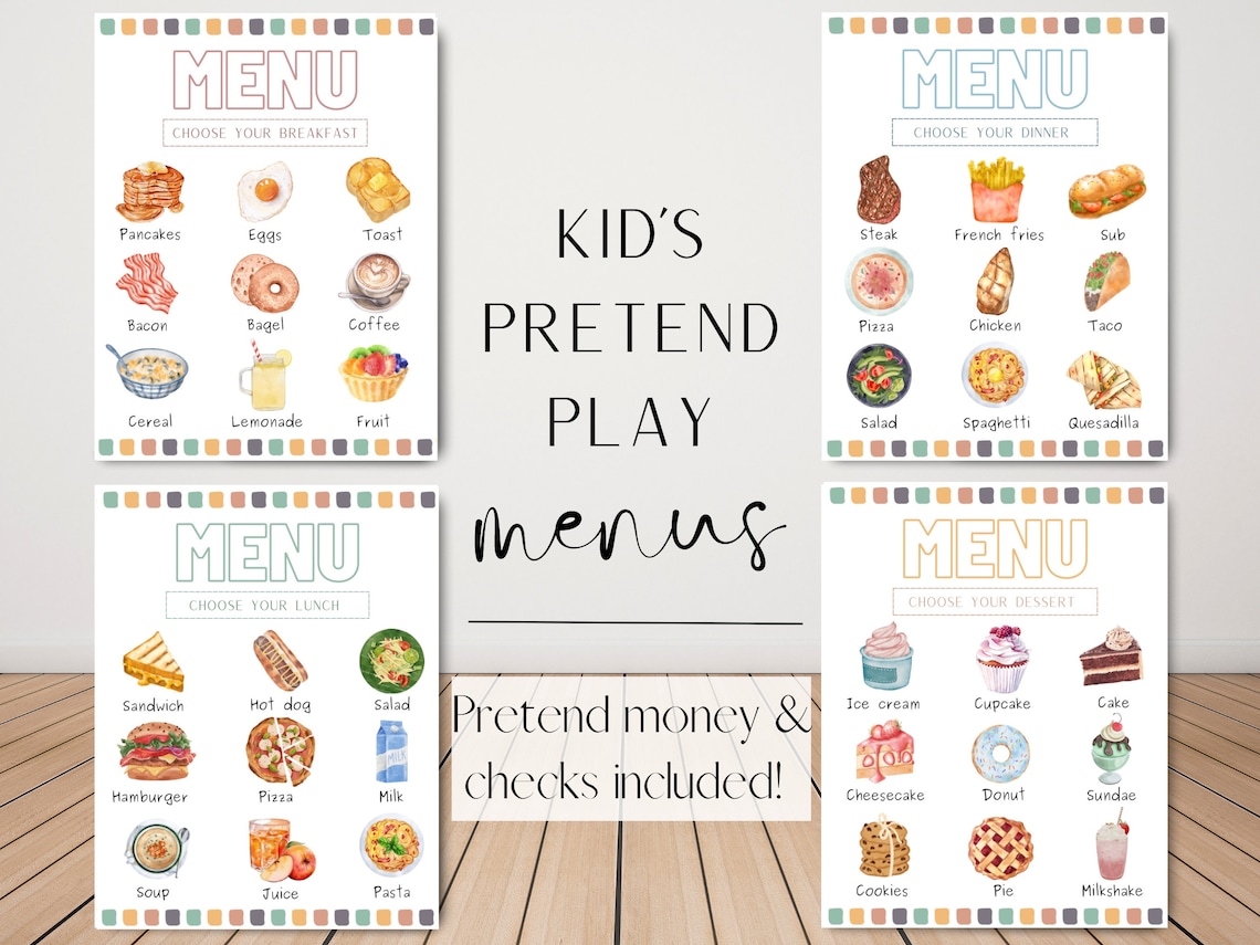 Kids Printable Play Menus, Breakfast Menu, Lunch Menu, Dinner Menu ...
