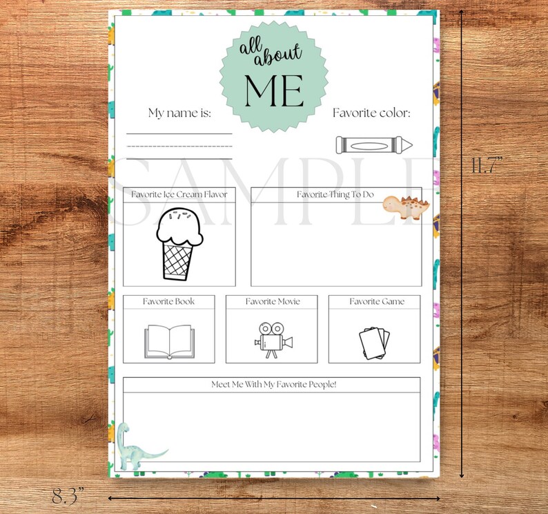 Dinosaur Themed All About Me Worksheet for Kids, Kids Favorites ...