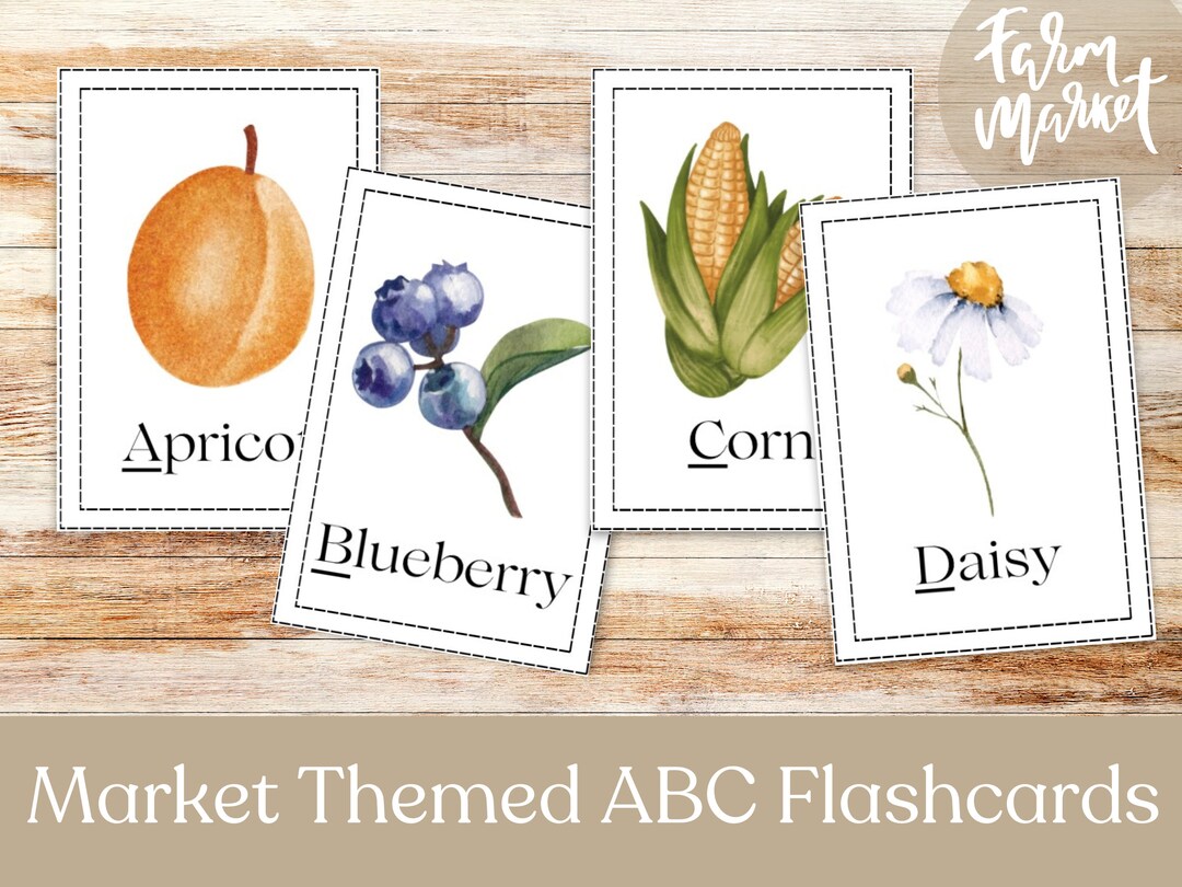 Farmer's Market Themed Flashcards, Watercolor Alphabet Cards, ABC ...