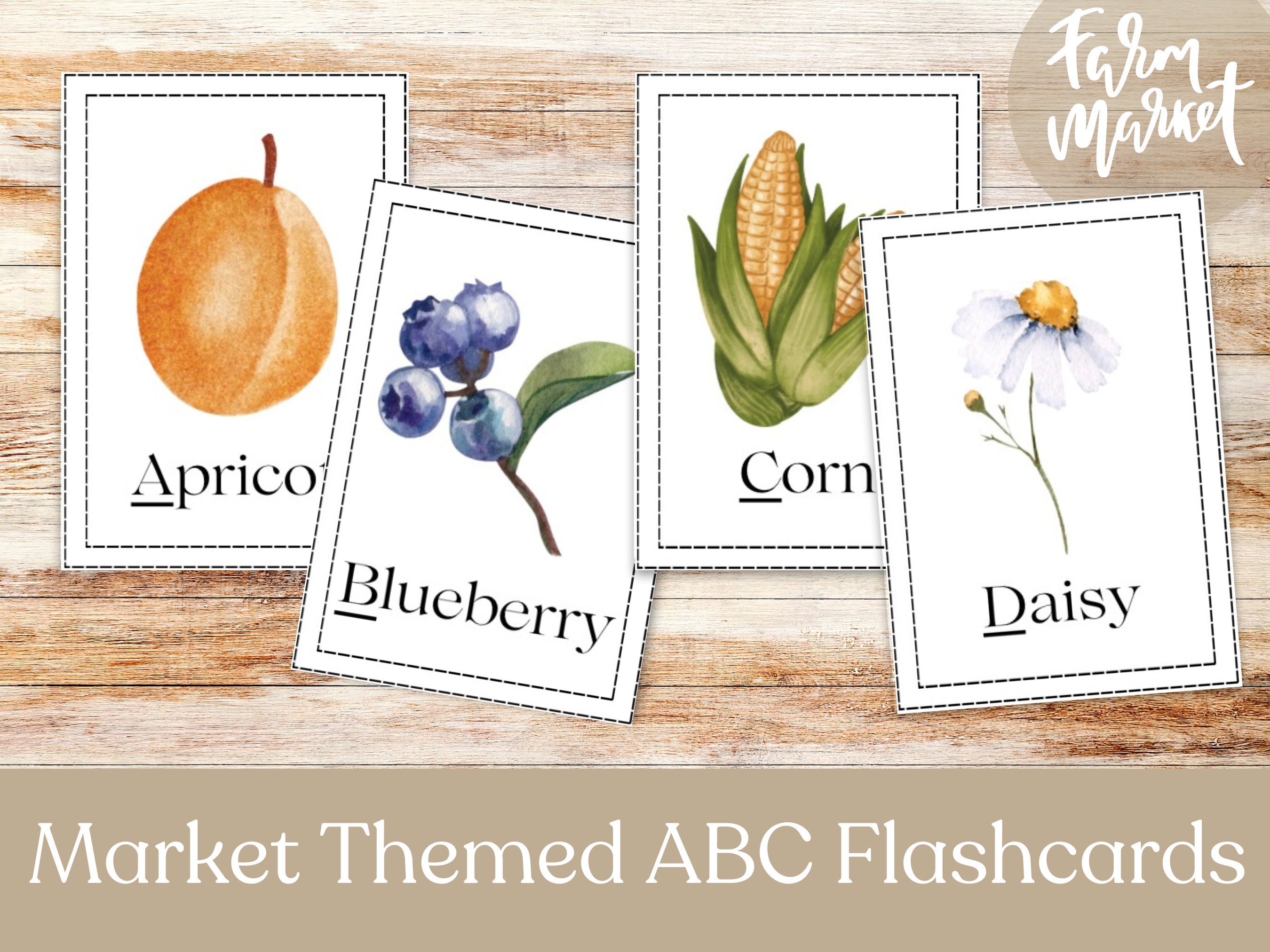 Farmer's Market Themed Flashcards, Watercolor Alphabet Cards, ABC ...
