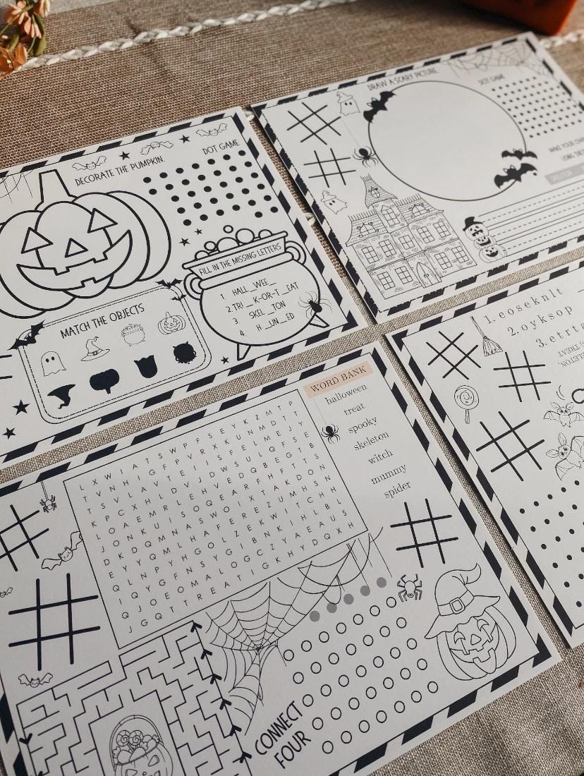 Halloween Activity Placemats, Kids Activity Mats, Kids Travel Placemats ...