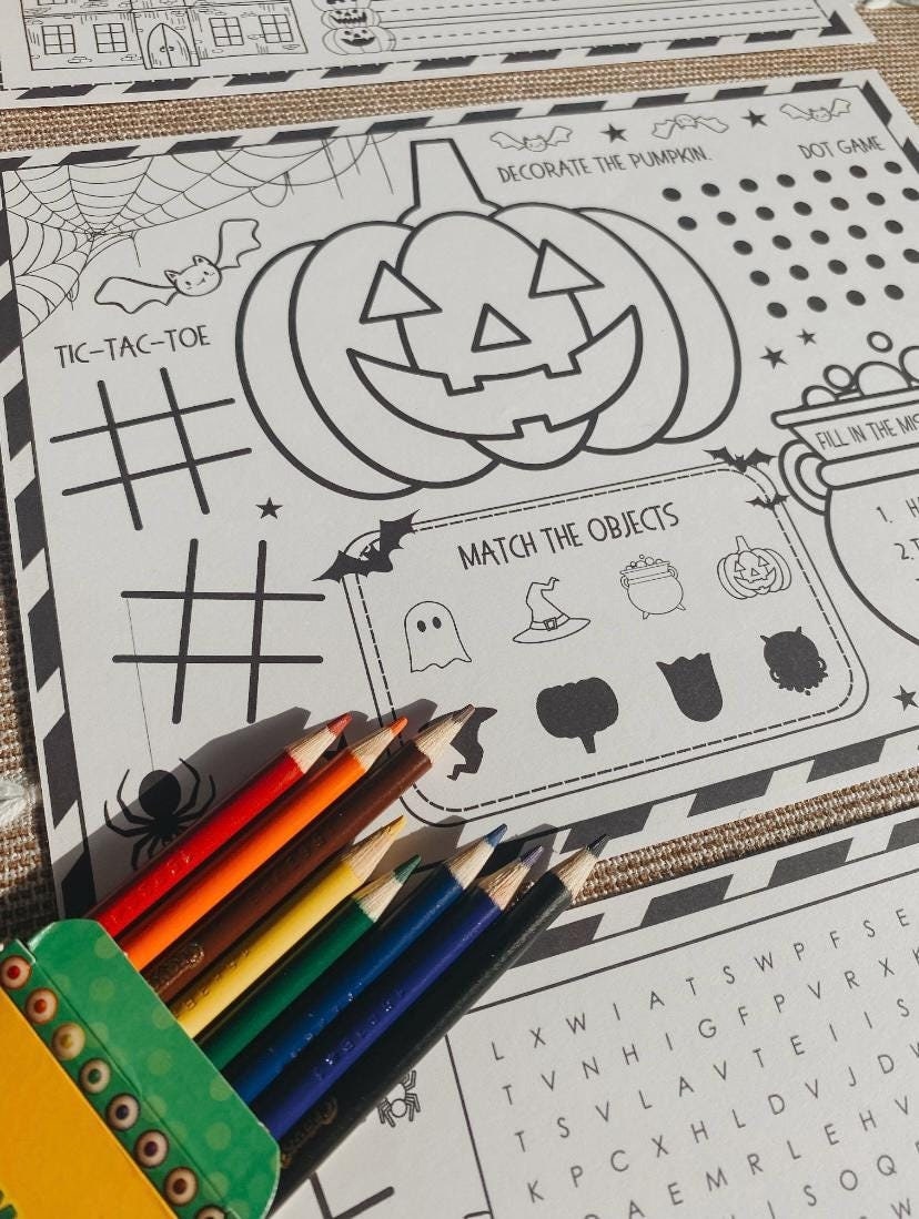 Halloween Activity Placemats, Kids Activity Mats, Kids Travel Placemats ...