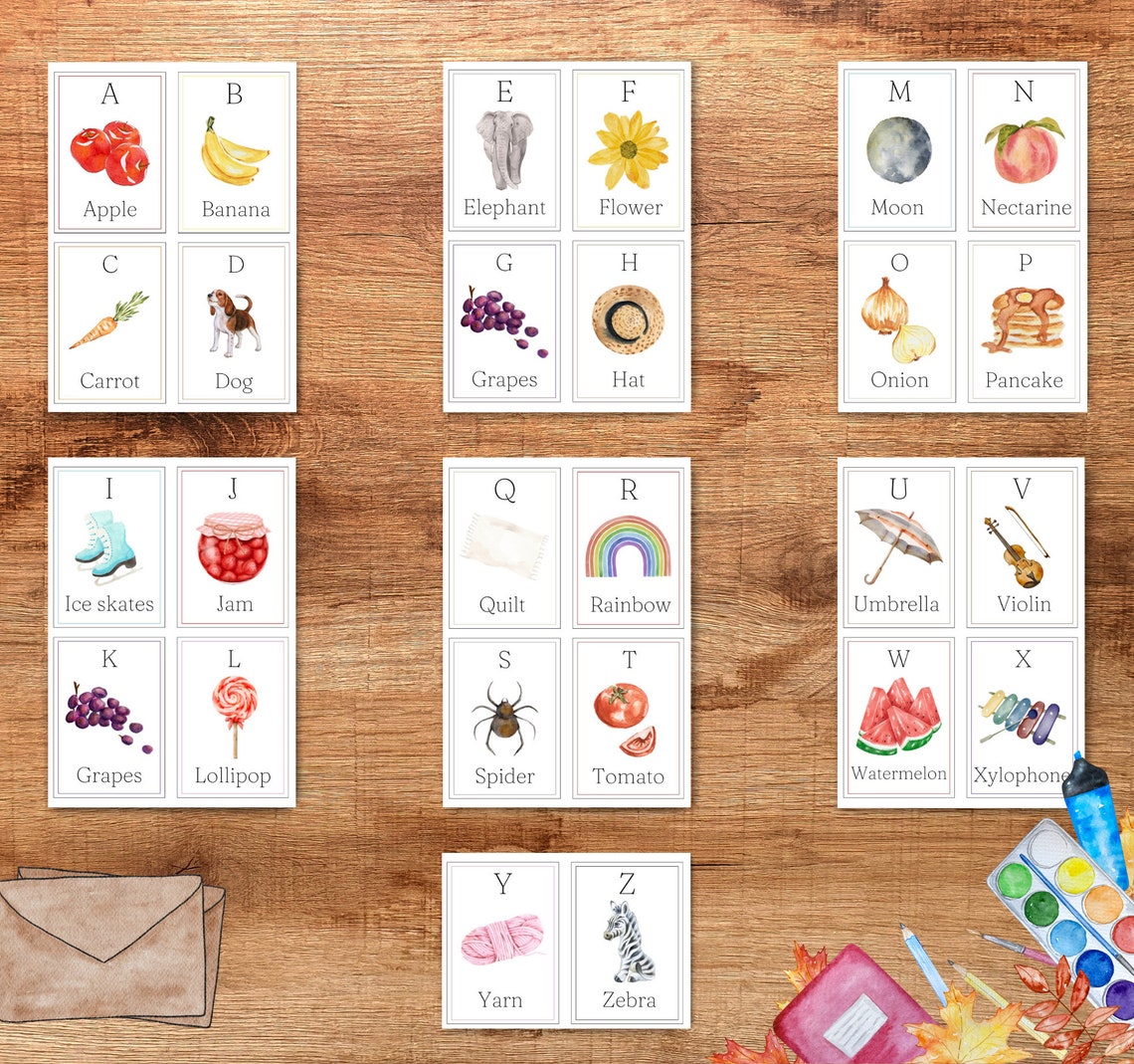 Printable Alphabet Flashcards for Preschoolers, Watercolor Alphabet ...