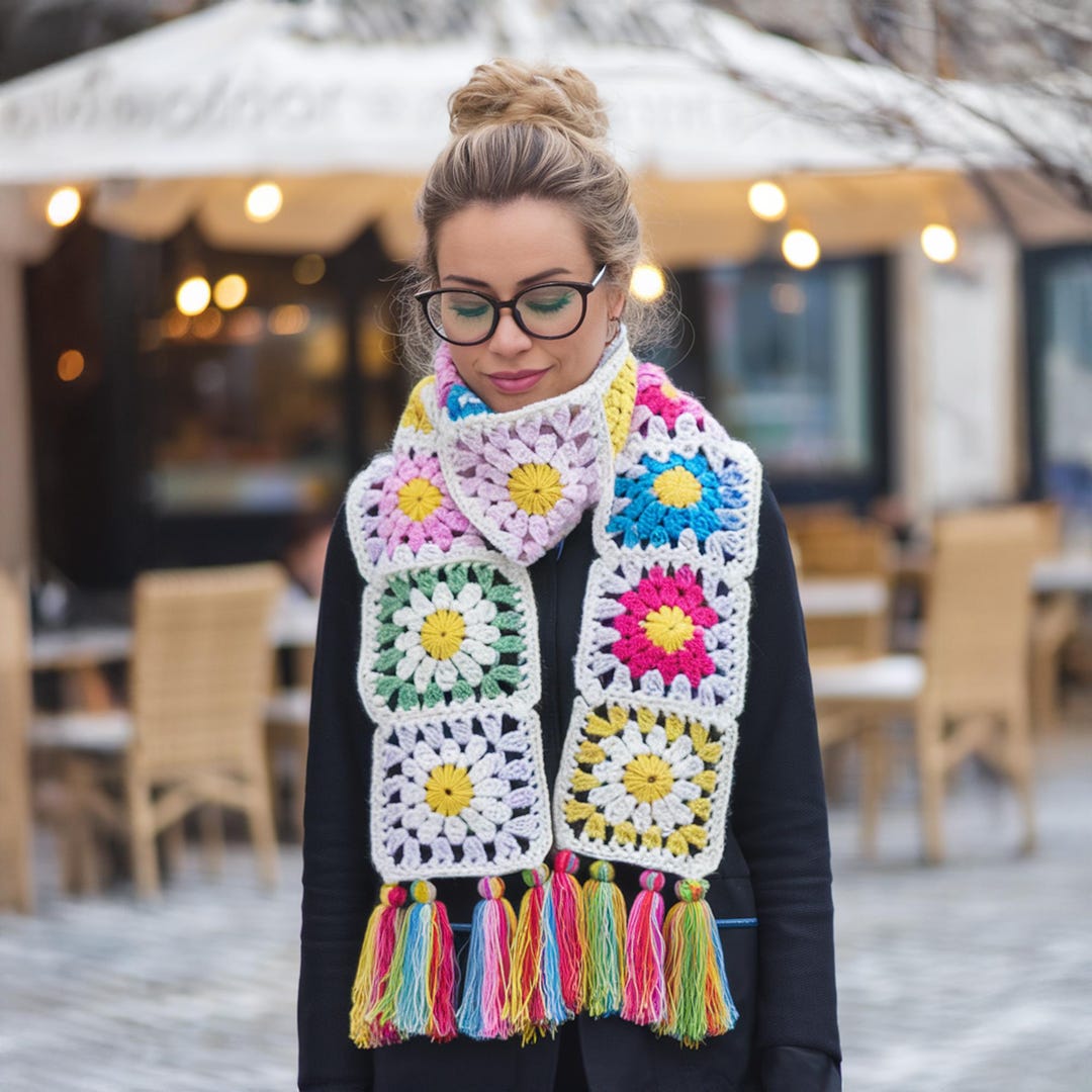 Sunflowers Daisy Colorful Crochet Scarf, Multicolor Knitted Flowers ...