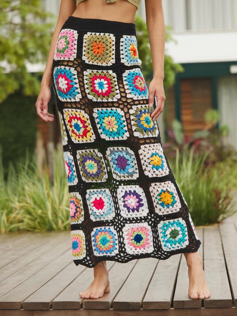 Black Knitted Granny Square Maxi Skirt, Handmade Bohemian Long Skirt, Retro Festival Patchwork ...
