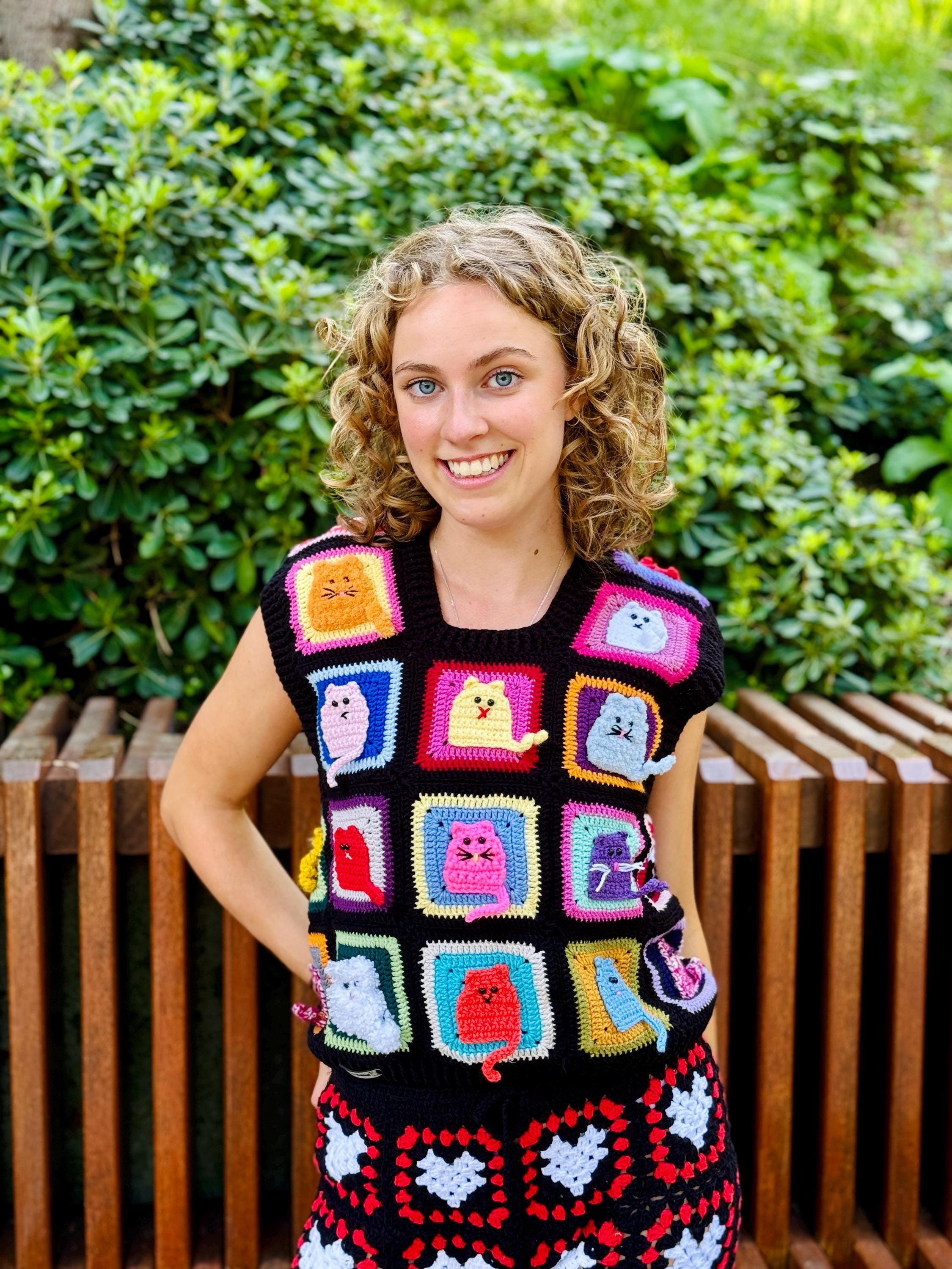 Crochet Cats Vest, Knitted Cats Sweater, Crop Knit Colorful Sweater ...