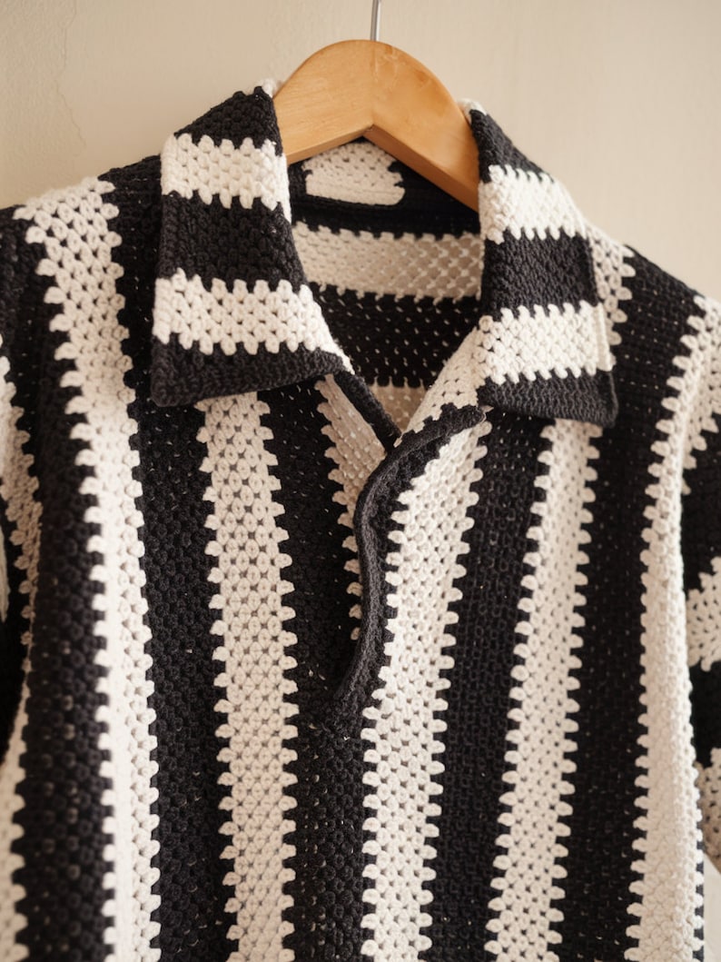 Blue Vintage Crochet Men Shirt, Bohemian Granny Square Sweater ...