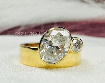 Wide Band Oval and Round Cut Engagement Ring for Women-bezel Set ...