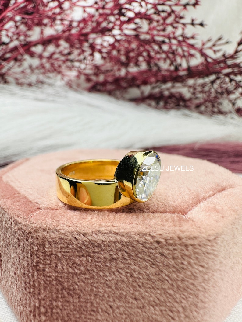 Wide Band Oval and Round Cut Engagement Ring for Women Bezel Set ...