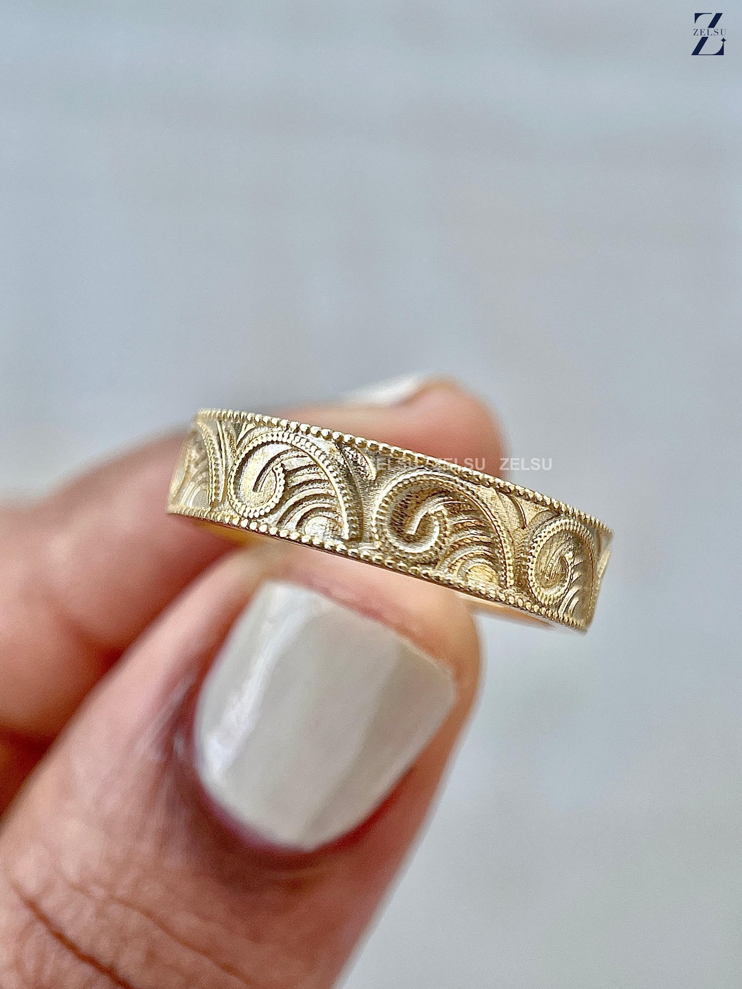 Art Deco Style Wedding Band, 5mm 14k Gold Curving Unique Engraved ...