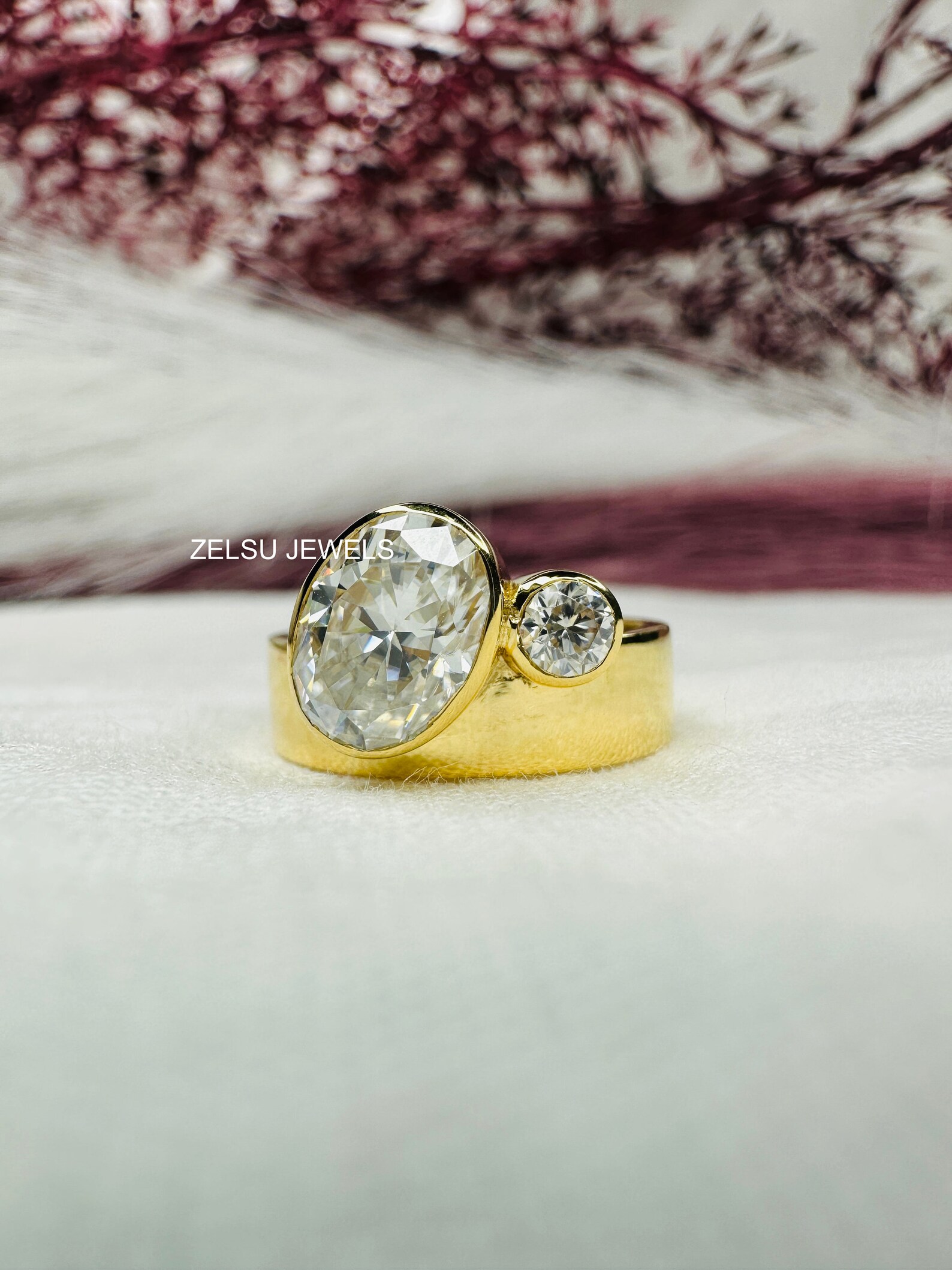 Wide Band Oval and Round Cut Engagement Ring for Women Bezel Set ...