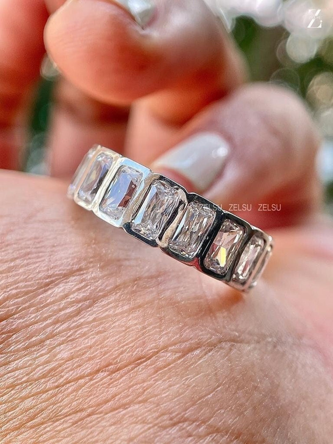 2.72 CTW Radiant Cut Moissanite Wedding Band Nine Stone Bezel Set Half ...