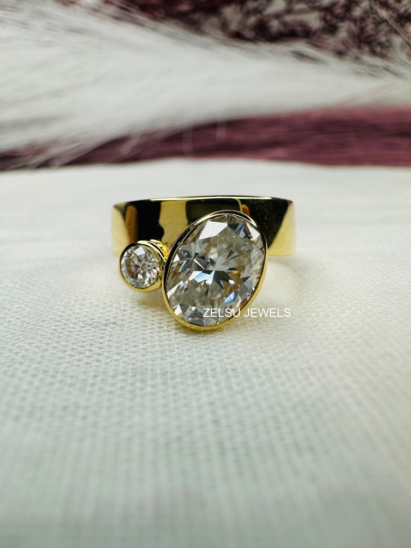 Wide Band Oval and Round Cut Engagement Ring for Women Bezel Set ...