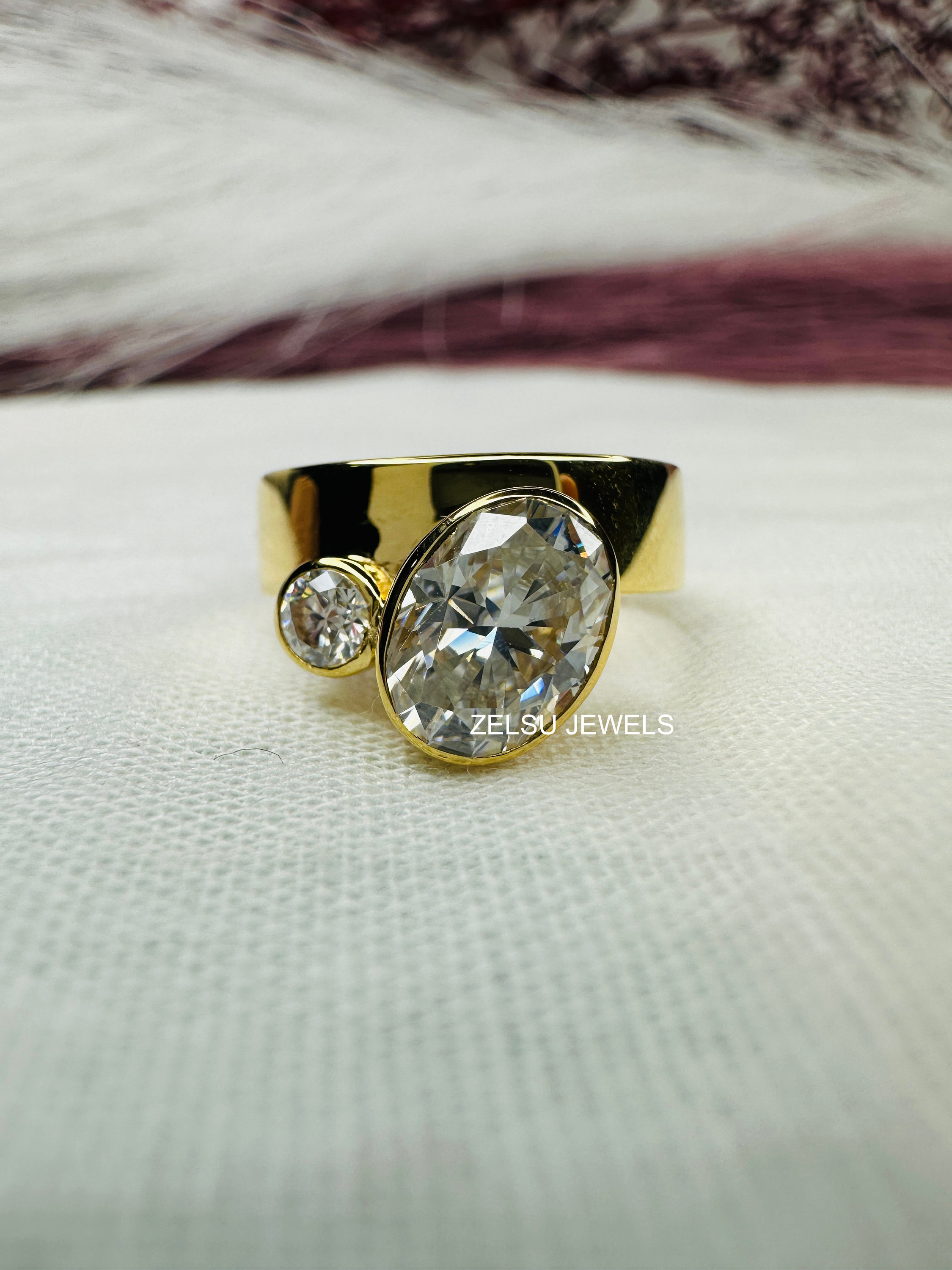 Wide Band Oval and Round Cut Engagement Ring for Women Bezel Set Wedding Ring, Unique Thick Band ...