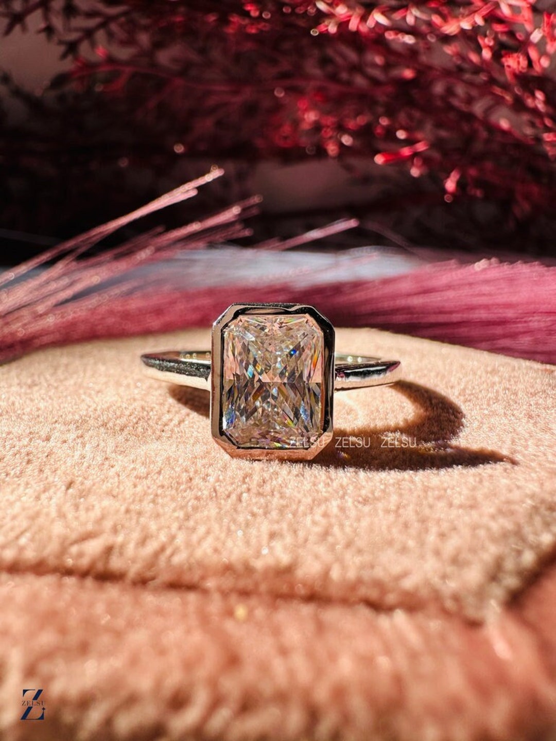 Radiant Cut Moissanite Bezel Set Engagement Ring, Bezel Set Radiant ...
