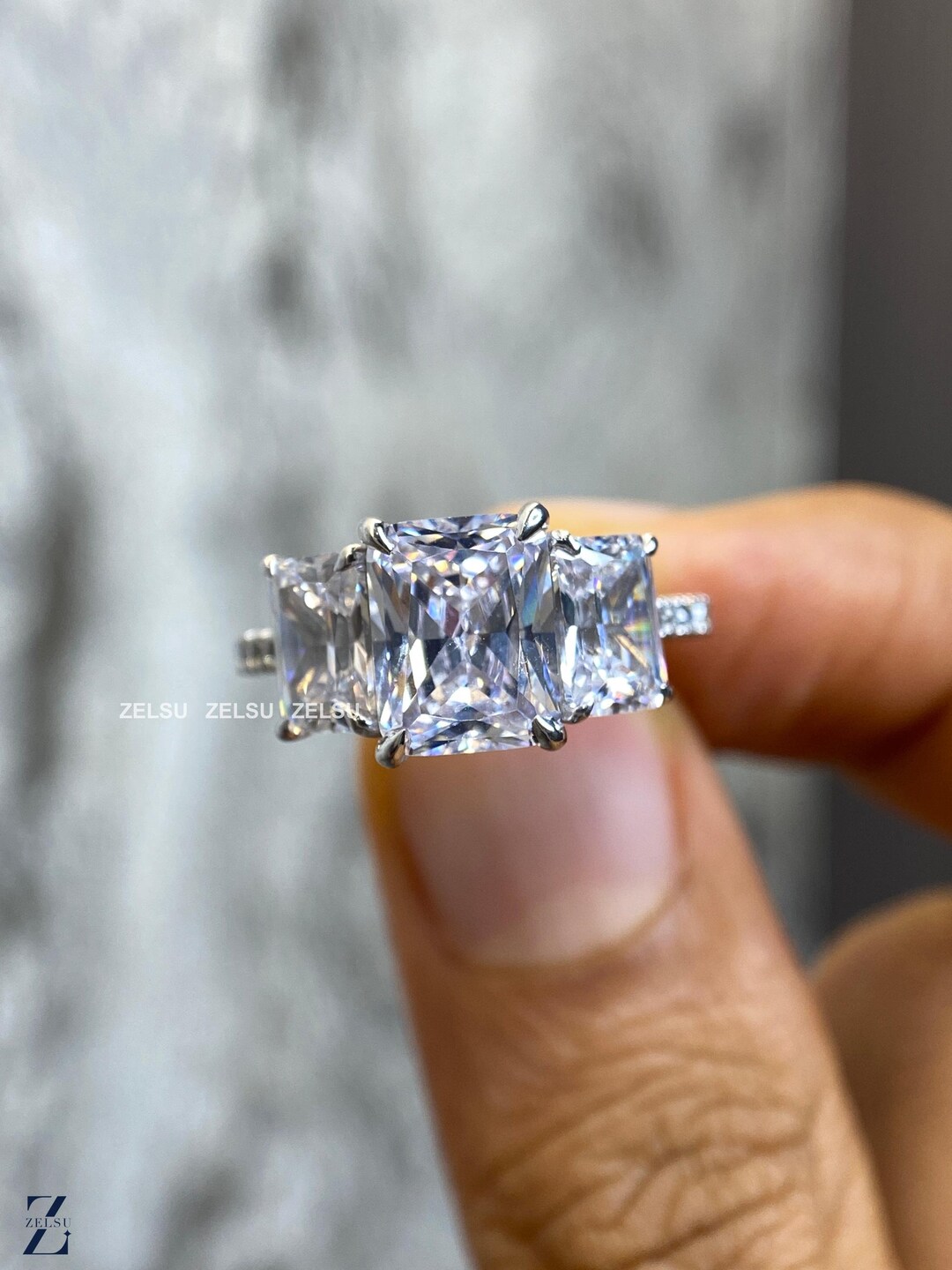 Classic Radiant Cut Three Stone Pave Engagement Ring, 3 CT Radiant Cut ...