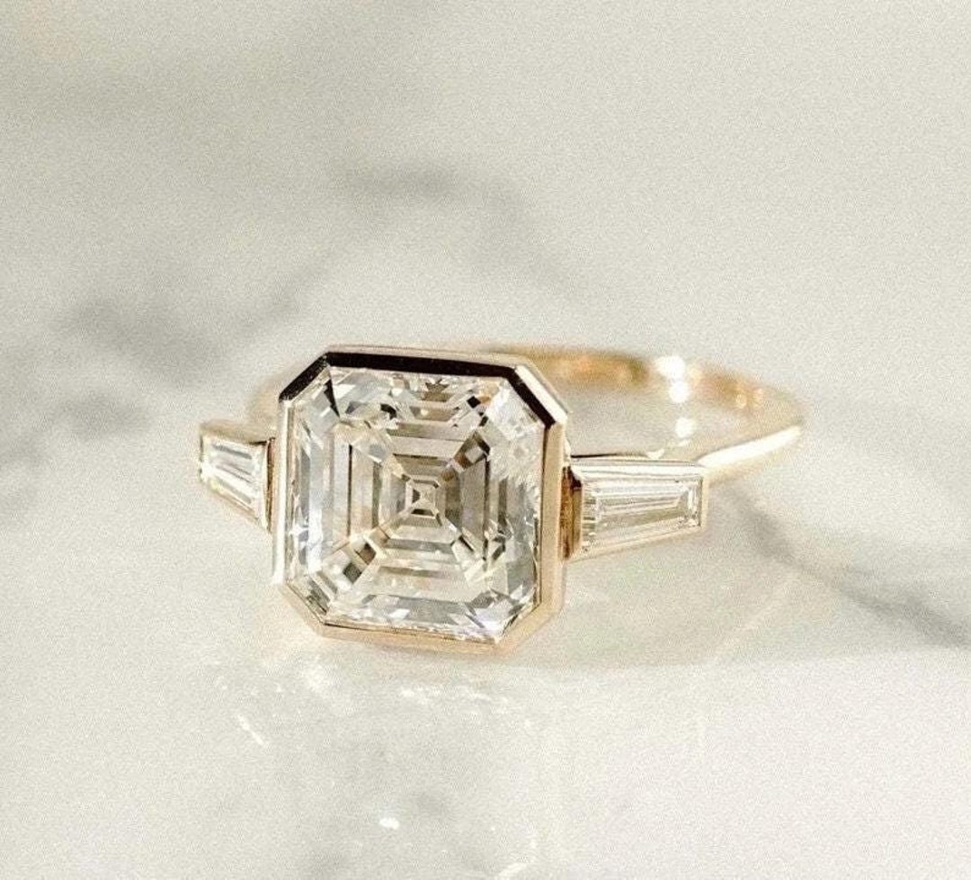 Asscher Cut Moissanite Diamond Ring, Three Stone Trapezoid Engagement ...