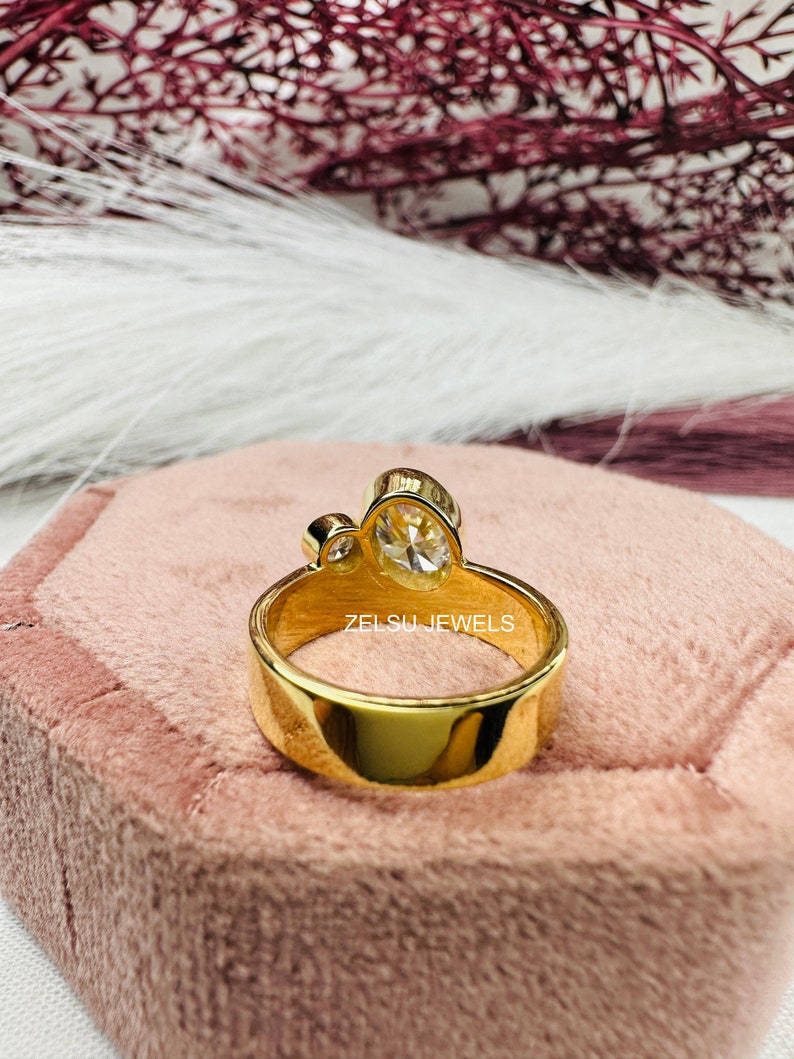 Wide Band Oval and Round Cut Engagement Ring for Women Bezel Set ...