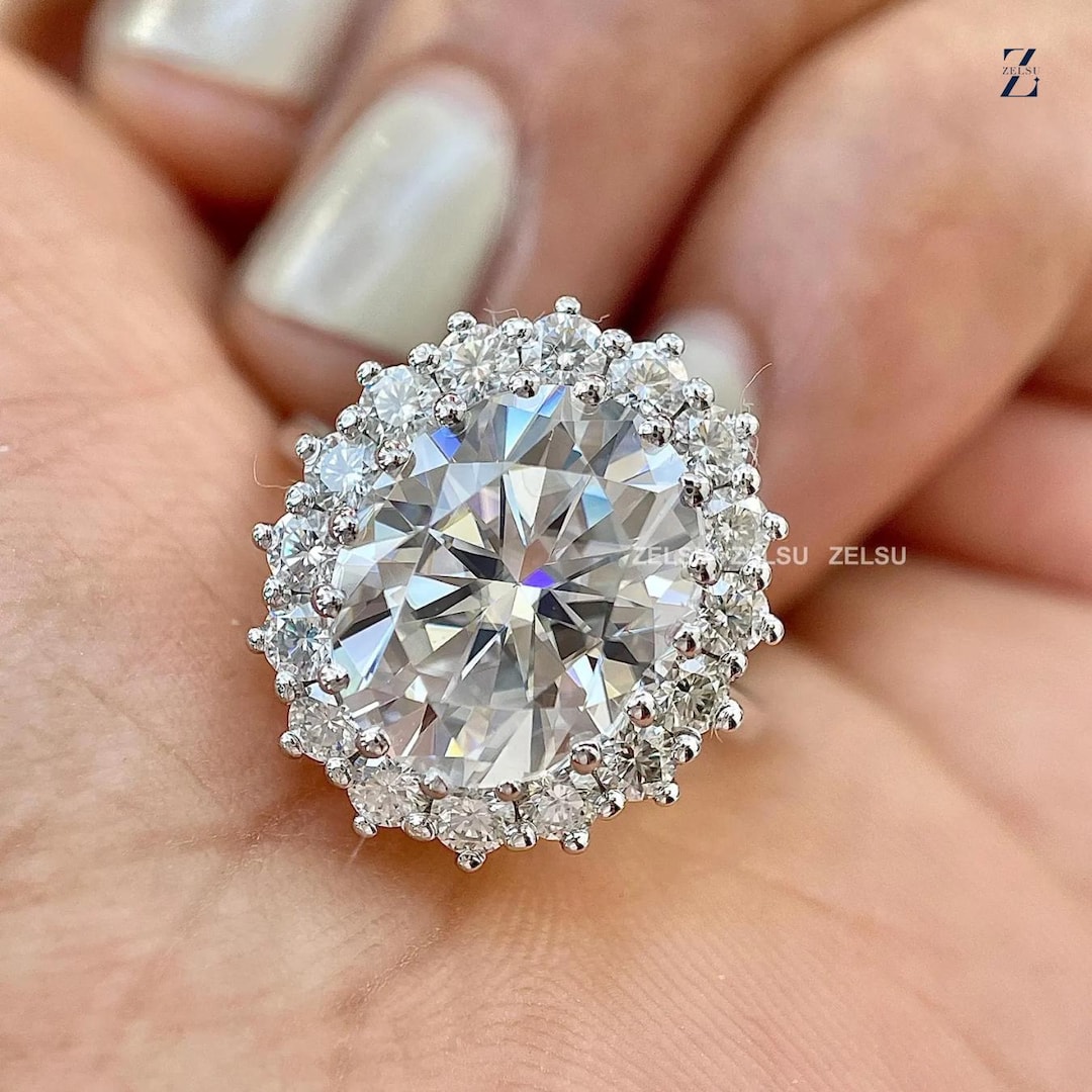 3.00 CT Starburst Oval Cut Colorless Moissanite Halo Engagement Ring ...