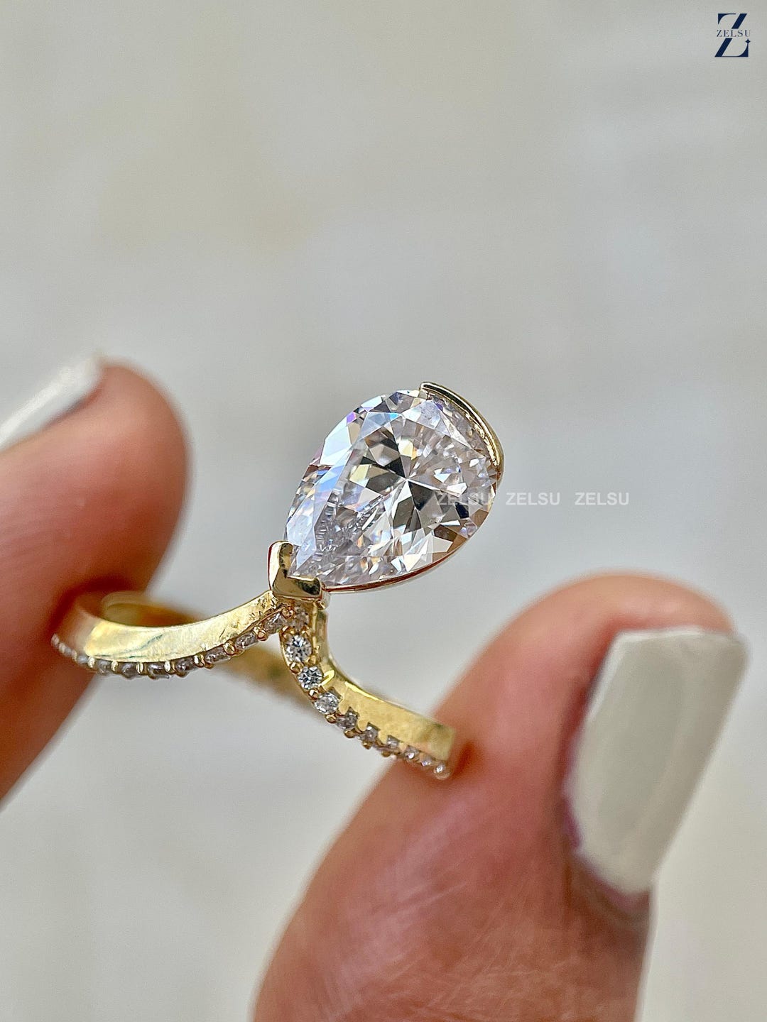 Unique 2.0 CT Tear Drop Ring, Pear Cut Moissanite Engagement Ring ...