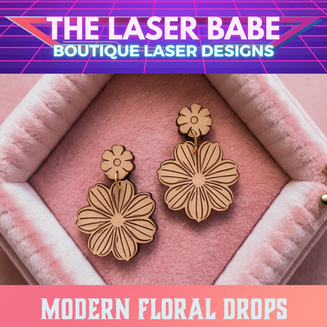Modern Floral Drops Laser Cut Earrings, Flower Dangle Earrings, Wooden ...