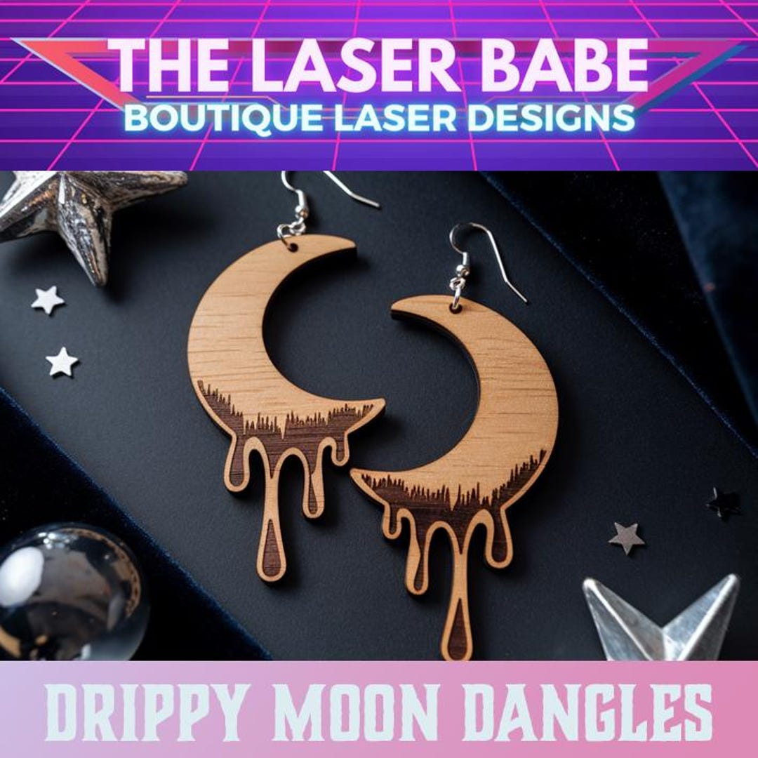 Drippy Crescent Moon Dangle Earrings SVG - Retro Laser Cut Digital ...