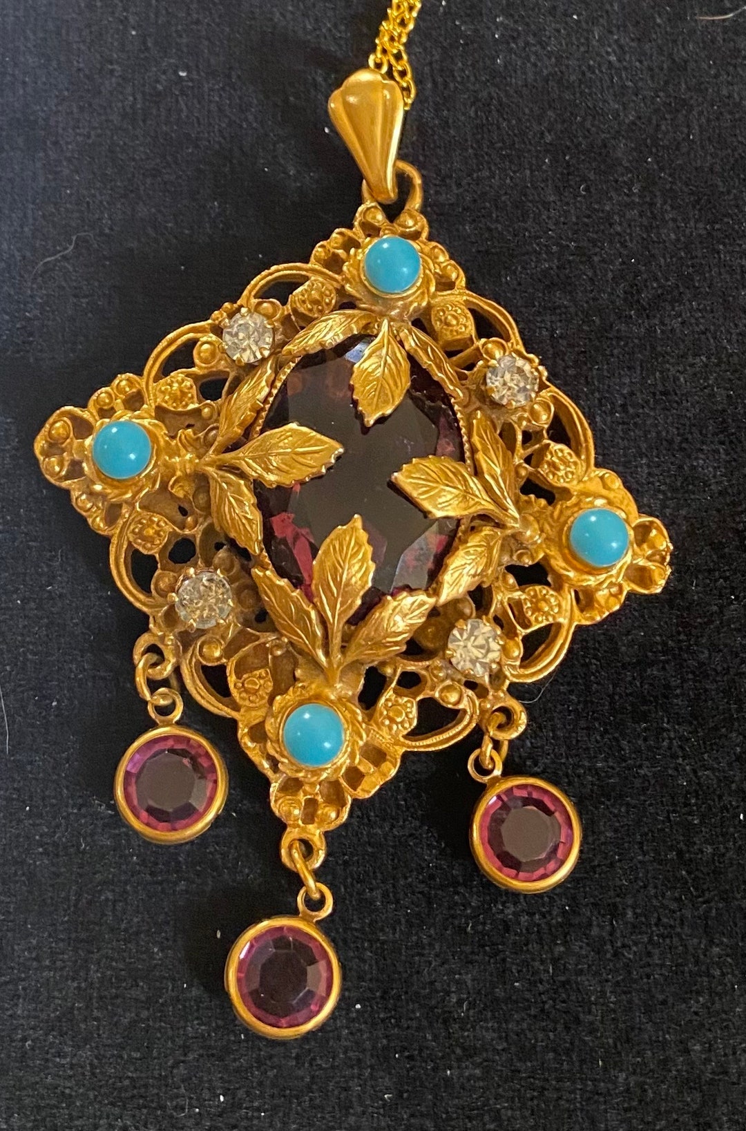 Art Nouveau Style Francois Signed Pendant Necklace Gold Filigree Purple ...