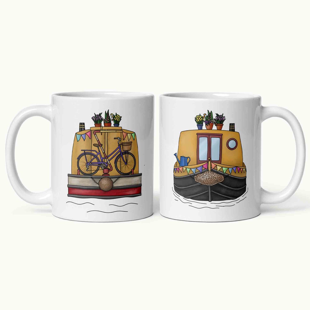Bow & Stern Yellow Narrowboat Mug - Front and Back Perspective of This ...
