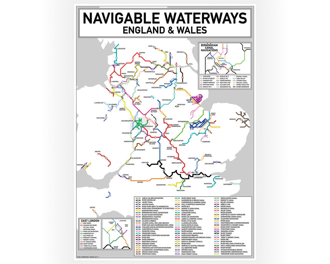 Navigable Waterways Map Print England & Wales Portrait A3 | London ...