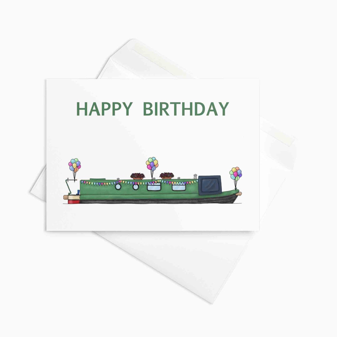 Narrowboat Birthday Card - Green Narrowboat With Colourful Bunting and ...