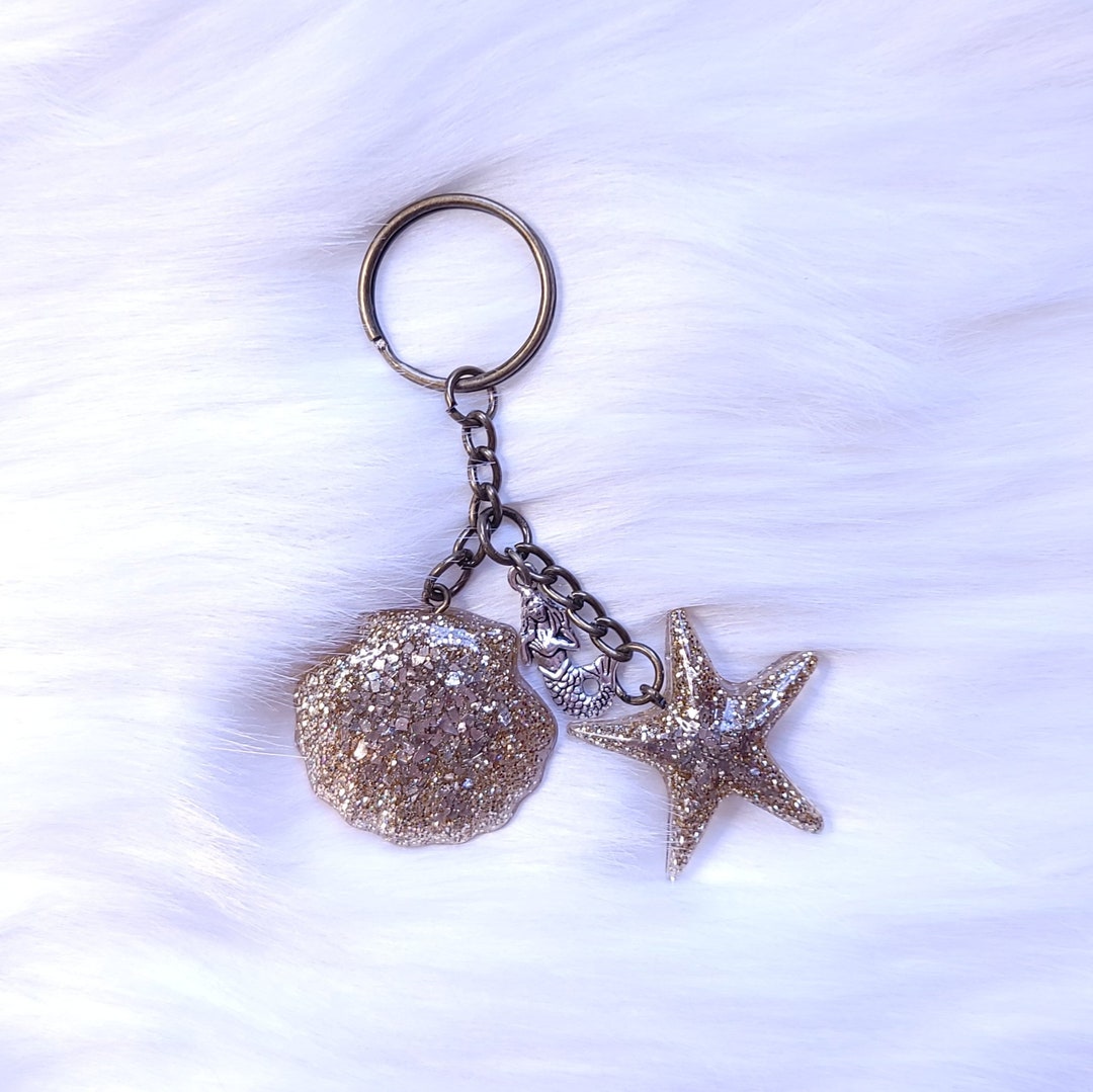 Gold Glitter Seashell and Starfish Resin Keychain Ocean - Etsy