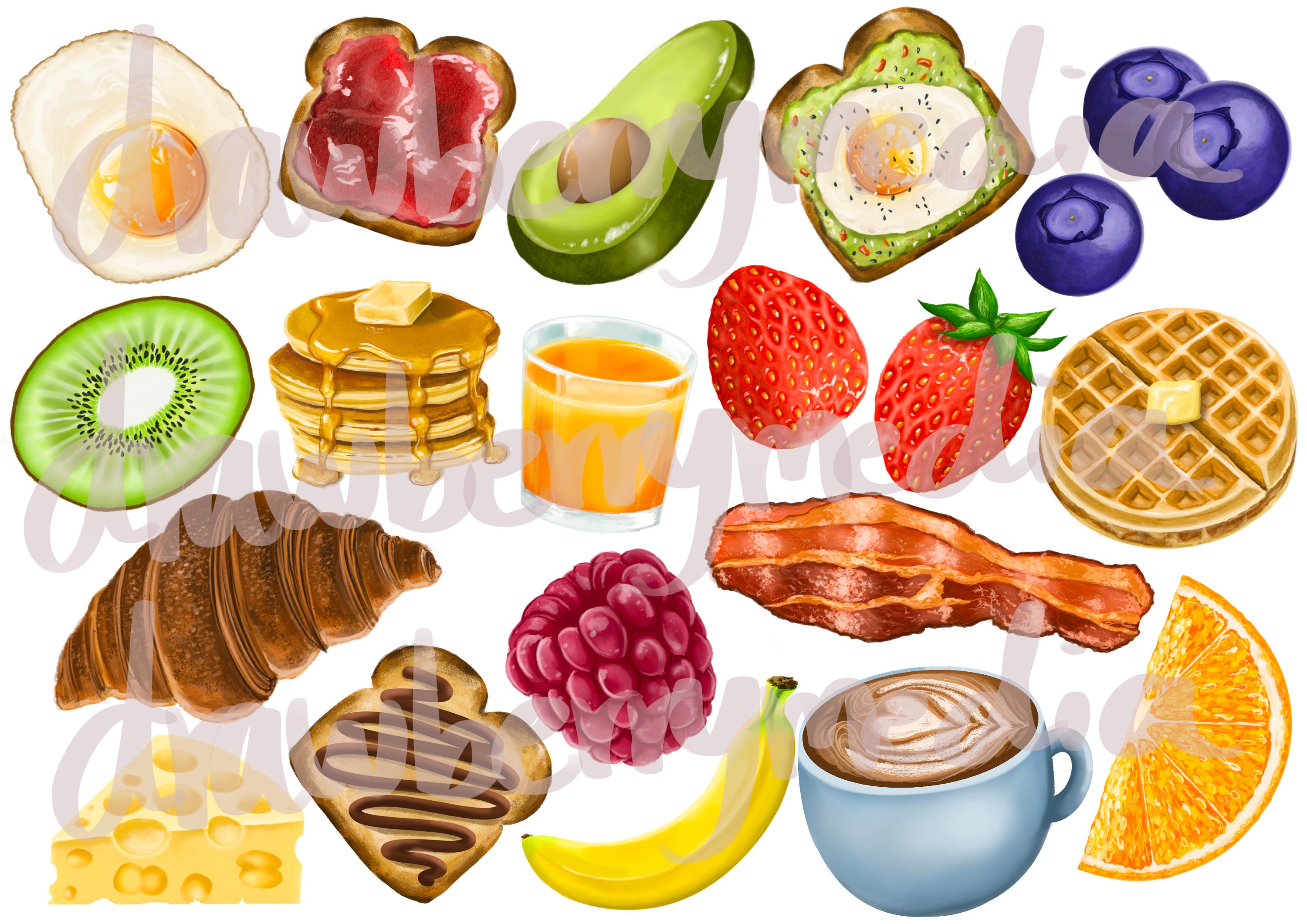 Breakfast Clipart Digital, Avocado, Strawberry, Coffee, Juice, Morning ...