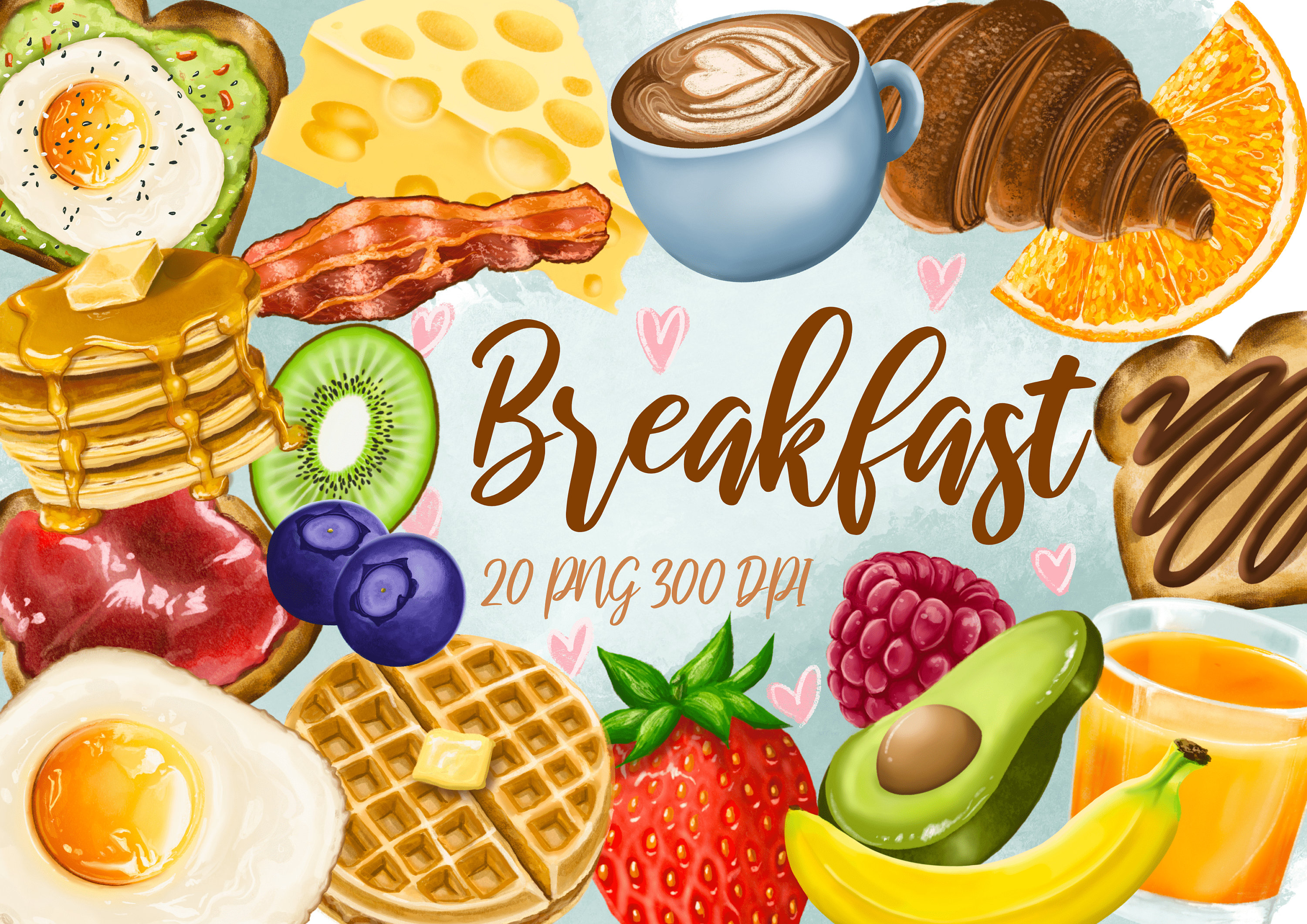 Breakfast Clipart Digital, Avocado, Strawberry, Coffee, Juice, Morning ...