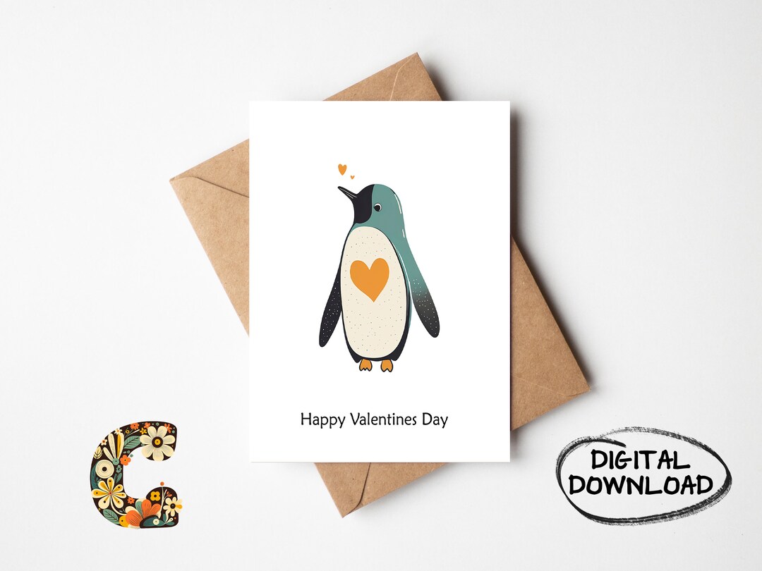 Cute Penguin Card, Printable 5x7 Greeting Card, 60s Retro Style, Cute ...