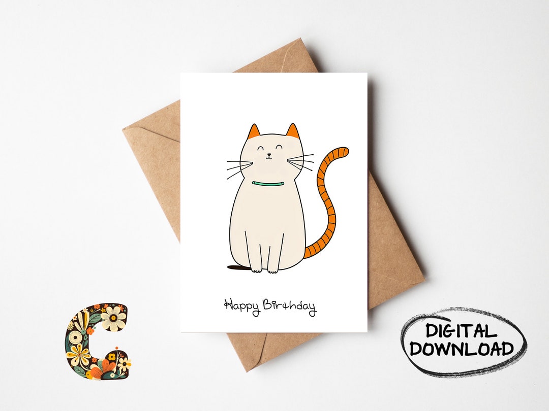 Cute Cat Card, Birthday Card From Cat, 5x7 Greeting Card, 60s Retro ...