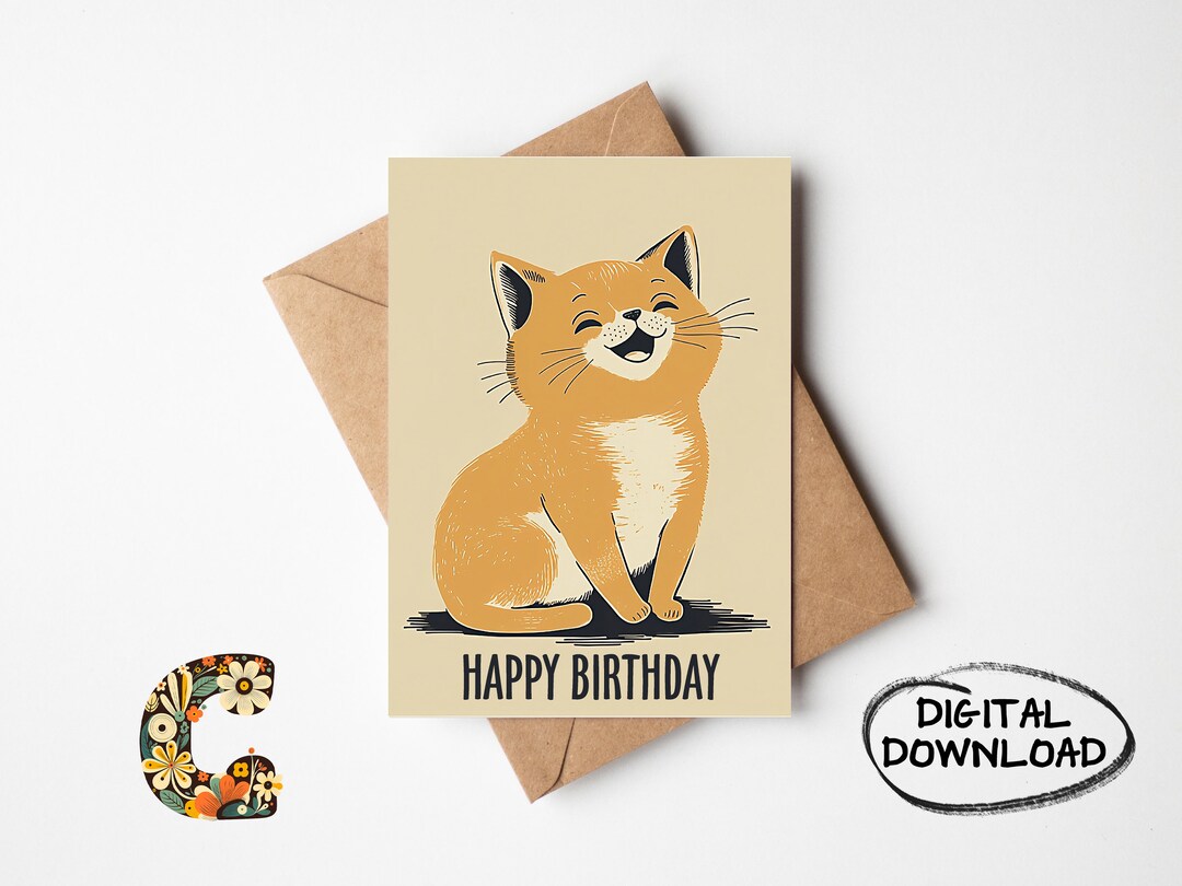 Cat Birthday Card, Birthday Card From Cat, 5x7 Greeting Card, 60s Retro ...