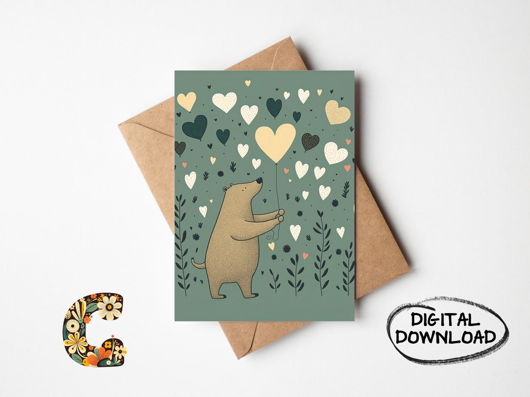 Printable Valentines Card , Bear Hug, 5x7 Greeting Card, 60s Retro ...